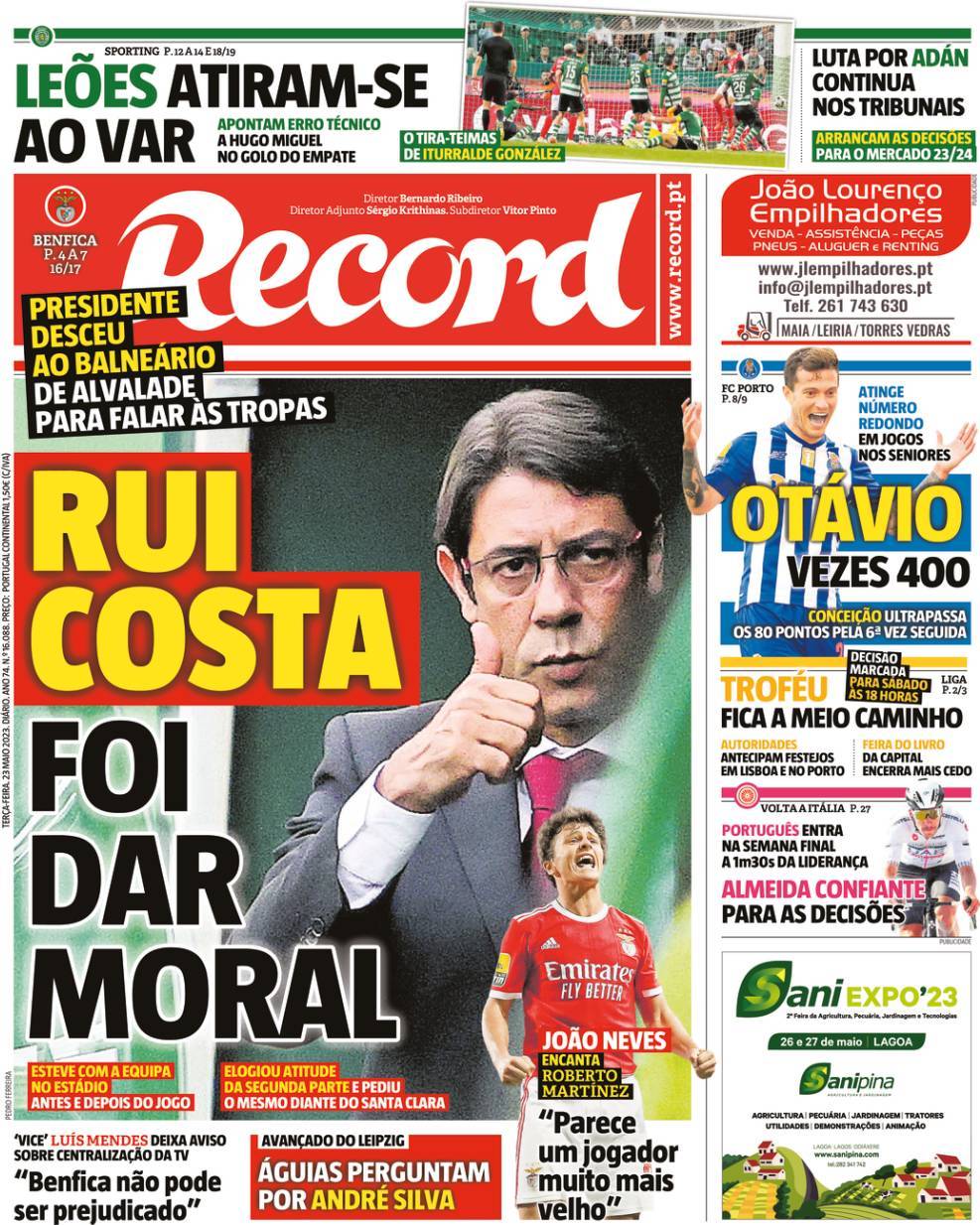 Record: Capa da Edição de terça-feira, 23 de maio 2023